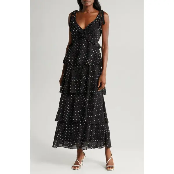 ワンピース Tiered Polka-Dot Long Dress black M Black Polka Dot Dress - Ruffled Maxi Dress - Maxi Dress - Lulus